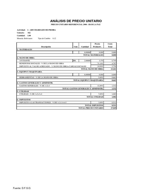 Análisis De Precio Unitario Fuente Dfso Pdf Acero Procesos