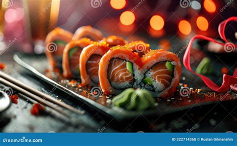 Overhead Japanese Sushi Food Maki Ands Rolls With Tuna Salmon Shrimp