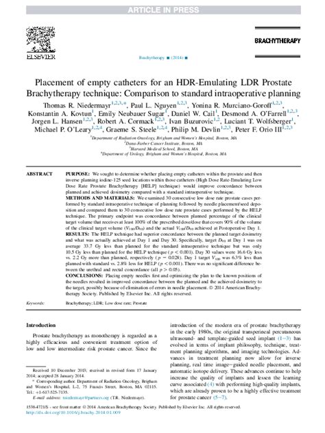 Pdf Placement Of Empty Catheters For An Hdr Emulating Ldr Prostate