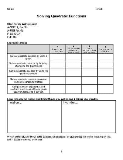 Solve Quadratic Functions Notes And Practice Packet By HBK Math Worksheets