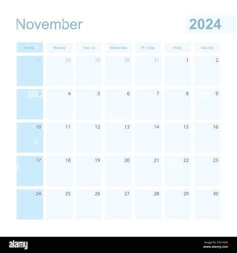 2024 Novembre Wall Planner Di Colore Blu La Settimana Inizia La