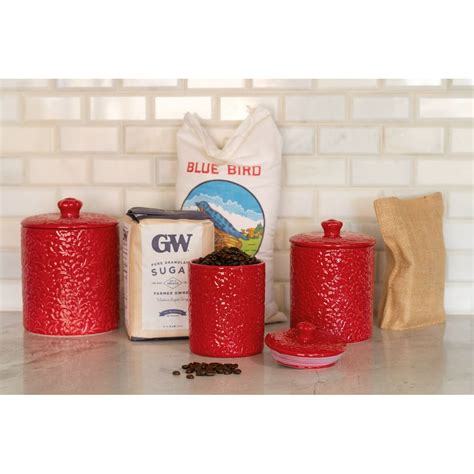 10 Strawberry Street Fleur Embossed 3 Piece Ceramic Canister Set Red