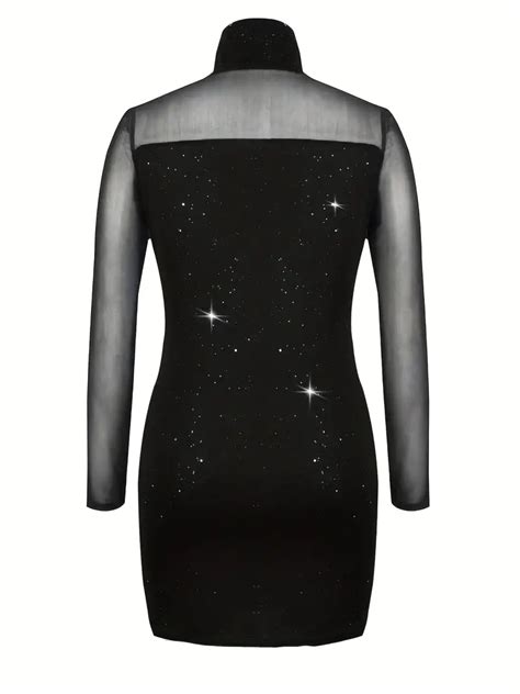 Sheer Splicing Dress Sexy Solid High Collar Long Sleeve Temu