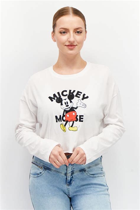 Buy Disney Women Round Neck Long Sleeves Graphic Print Crop Top White