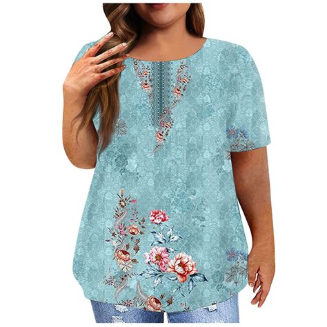 Sksloeg Blouses For Women Plus Size Floral Printed Short Sleeve Tunic