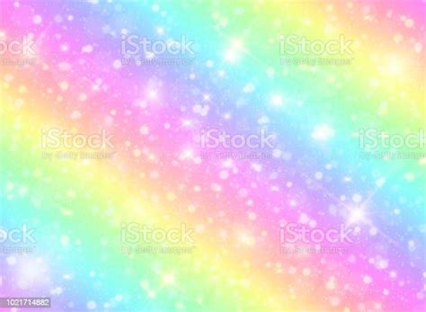 벡터 그림은 판타지 배경 및 파스텔 색상의 레인 보우 파스텔 하늘에 유니콘입니다 파스텔 구름 고 Bokeh와 하늘입니다 귀여운 밝은 사탕 배경입니다 무지개에 대한 스톡 벡터