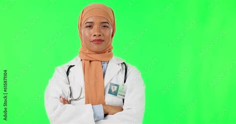 Muslim Woman Doctor And Thumbs Up In Confidence On Green Screen For