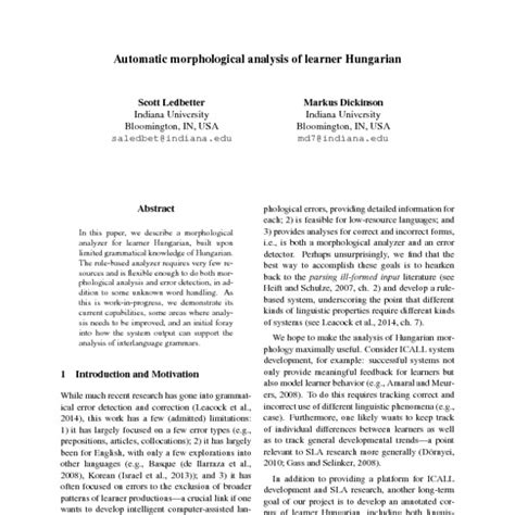Automatic Morphological Analysis Of Learner Hungarian Acl Anthology