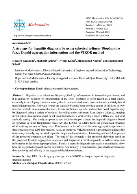 Pdf A Strategy For Hepatitis Diagnosis By Using Spherical Q Linear Diophantine Fuzzy Dombi