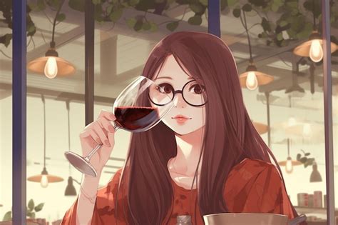 Premium Ai Image A Girl Drinking Wine In A Restaurant Manga Style
