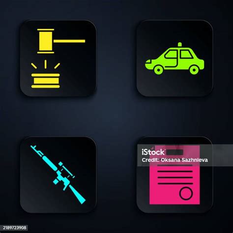 체포 영장 판사 의사봉 조준경이 있는 저격 소총 경찰차와 점멸 장치를 설정합니다 검은색 사각형 버튼입니다 벡터 검은색에 대한 스톡 벡터 아트 및 기타 이미지 Istock