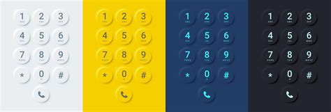 현실적인 스마트폰 다이얼 화면 버튼 색상 세트 전화 화면 Ui 디자인을 위한 숫자와 문자가 있는 벡터 키패드 흰색 노란색 파란색과 검은색 색상의 터치스크린 장치 키패드