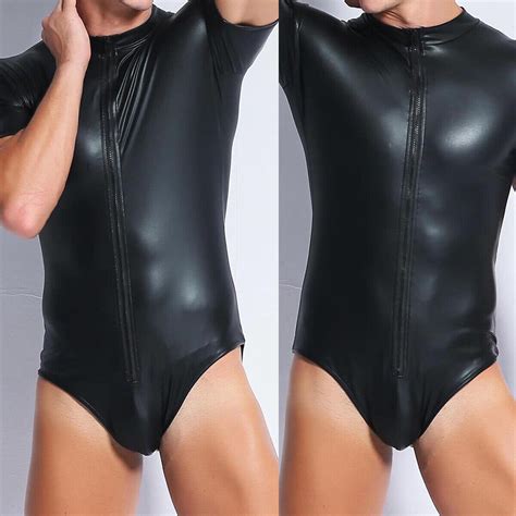 Men S Faux Leather Wet Look Leotard Bodysuit Underwear Jumpsuit Clubwear S XL EBay