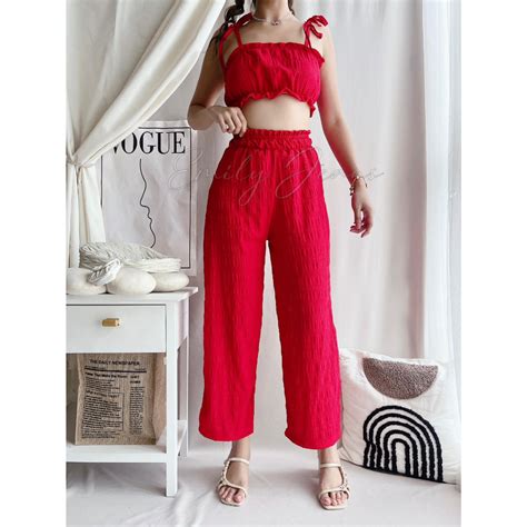 Emily Self Tie Tube Bubble Lattice Pants Terno Pants Coordinates New