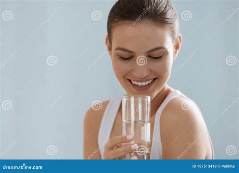 Drink Water Smiling Woman Holding Fresh Pure Water In Glass Stock