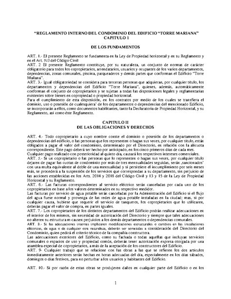 Reglator De Propiedad Reglamento Interno Del Condominio Del Edificio Torre Mariana” Capitulo