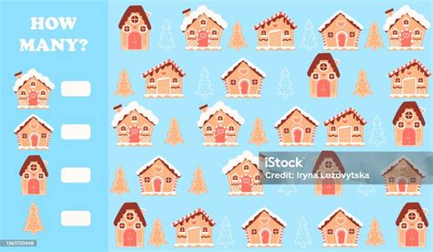 만화 스타일 크리스마스 및 새해 교육 수수께끼에 진저 브레드 하우스를 계산하기위한 아이들을위한 인쇄 워크 시트 진저브레드 하우스에 대한 스톡 벡터 아트 및 기타 이미지