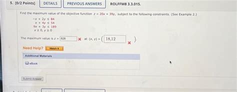 Solved Maximum Value Of The Objective Function Z20x39y
