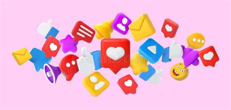Social Media 3d Concept Thumbs Up Heart Like And Smile Emoji Stock