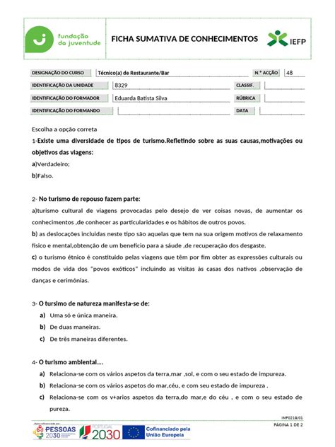 Anexo3 Ficha Sumativa De Conhecimentos Da Aprendizagem Tec Rest