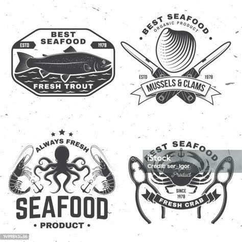 최고의 해산물 배지 세트 신선한 참치 문어 송어 새우 드레싱 크랩 홍합 및 조개 벡터 해산물 엠블럼 간판 패치 셔츠 참치 송어 새우 문어 게 홍합 조개 메뉴 레스토랑 갈고리