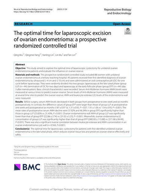 Pdf The Optimal Time For Laparoscopic Excision Of Ovarian