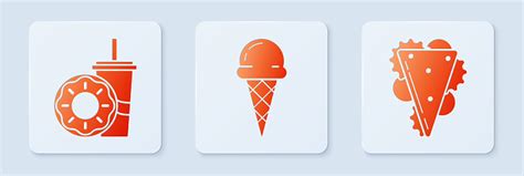 와플 콘에 아이스크림을 세팅하고 빨대와 도넛과 샌드위치를 마시는 종이 유리를 놓습니다 흰색 정사각형 버튼 벡터 0명에 대한 스톡 벡터 아트 및 기타 이미지 Istock