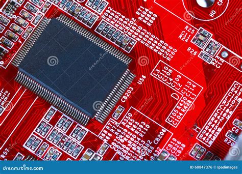 Closeup Of Red Electronic Motherboard Circuit With Processor Stock Photo Image Of Data Macro