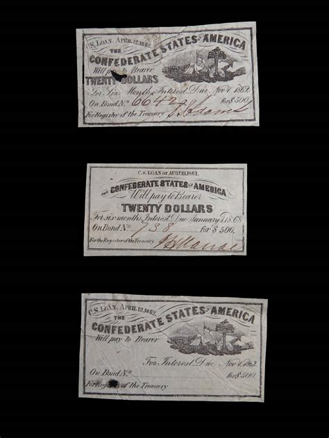 Lot Of 3 Confederate Civil War Currencey Bond Notes Two 20 Notes And One Blank Note 0621 On