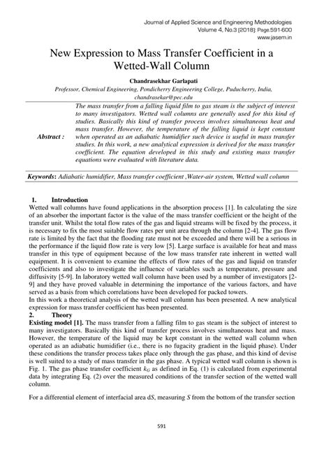 Pdf New Expression To Mass Transfer Coefficient In A Wetted Wall Column