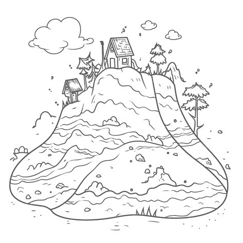 हाउस ऑन माउंटेन कलरिंग पेज कार्टून इलस्ट्रेशन आउटलाइन स्केच ड्राइंग वेक्टर भूस्खलन ड्राइंग