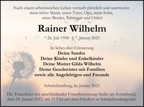 Traueranzeigen Von Rainer Wilhelm Trauer Nordkurier