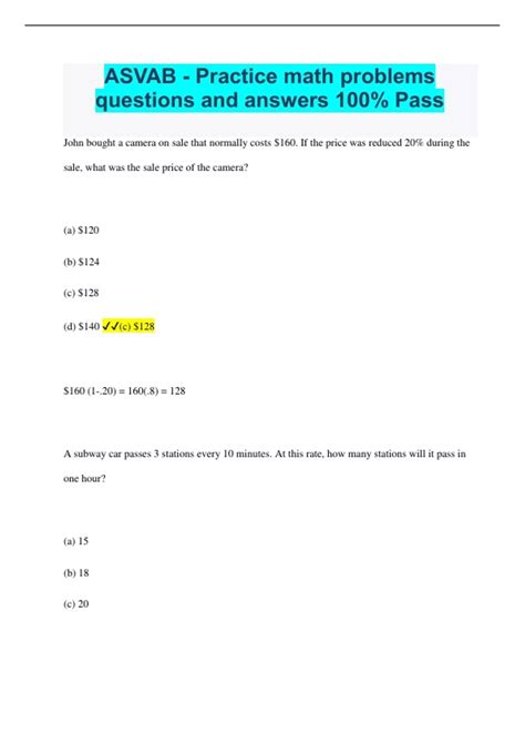 Asvab Practice Math Problems Questions And Answers 100 Pass Asvab Stuvia Us