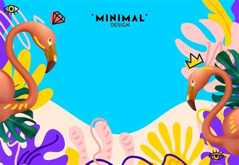 Летний фон с реалистичным 3d розовым фламинго пышными пальмовыми листьями в плоском стиле