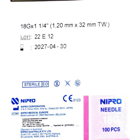 Nipro Needle 18g X 1 1 4 Inch 32mm 100 S 5 Boxes Pack Expiry 2027
