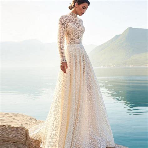 Elegant High Neck Full Lace Wedding Dresses Long Sleeves Boho A Line