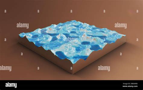 Cross Section Topographic 3d Map With Water Contour Lines On A