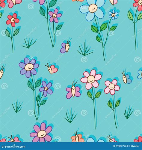 Flower Butterfly Smile Fresh Blue Seamless Pattern Stock Vector
