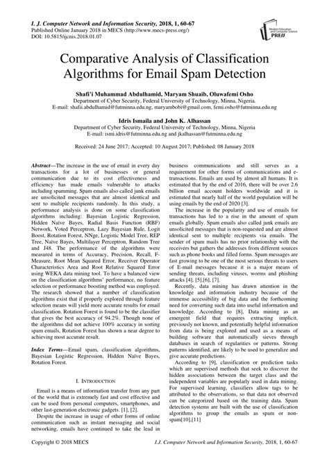 (PDF) Comparative Analysis of Classification Algorithms for Email Spam Detection