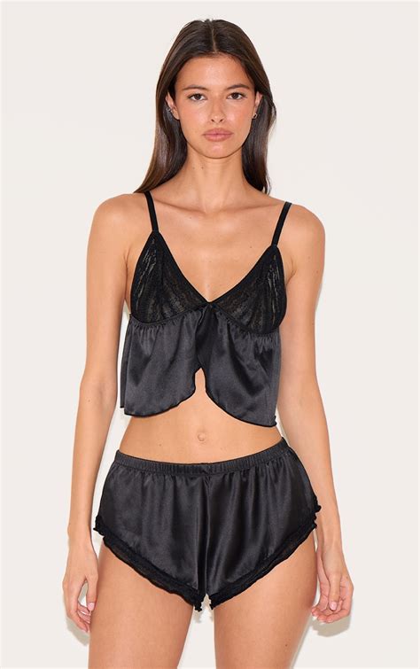 Black Textured Lace Satin Cami Short Pj Set Lingerie And Nightwear