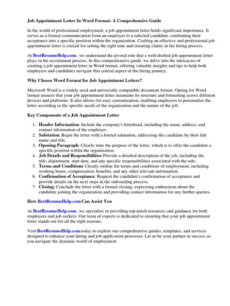 Job Appointment Letter In Word Format Pdf Résumé Employment