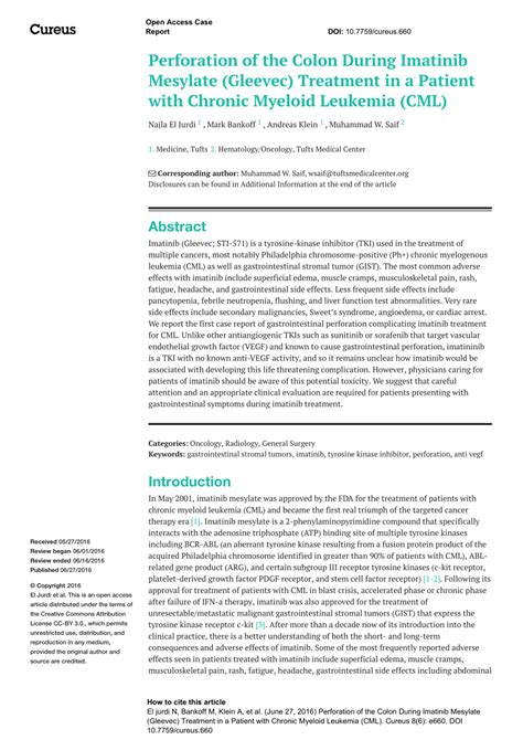 Pdf Perforation Of The Colon During Imatinib Mesylate Gleevec Treatment In A Patient With