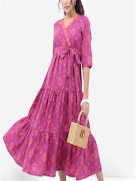 Buy Vishudh Magenta Ethnic Motifs Print Tiered A Line Maxi Ethnic Dress