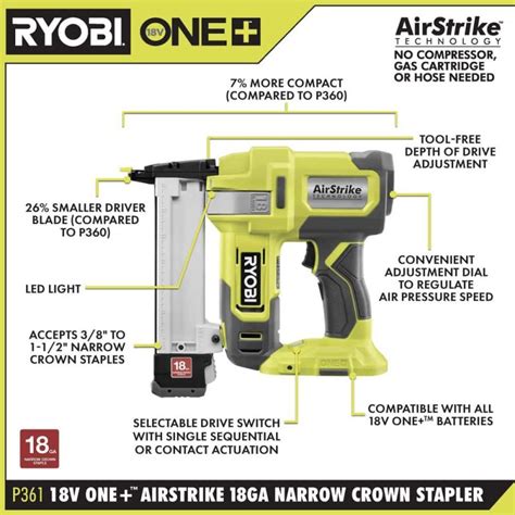 Ryobi One 18v 18 Gauge Cordless Airstrike Narrow Crown Stapler Tool