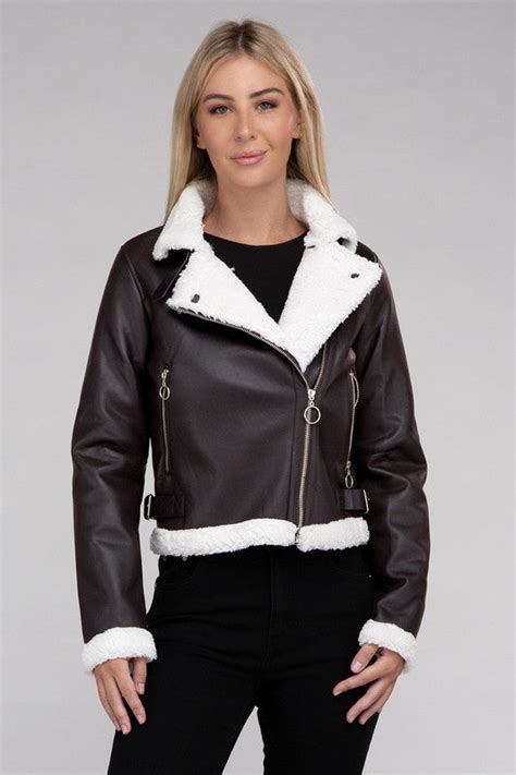 Plush Teddy Trimmed Pu Jacket Essentially Noir