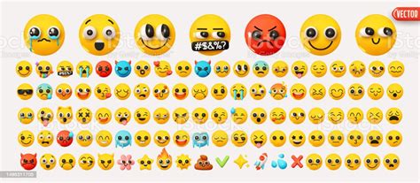 아이콘 스마일 이모티콘을 설정합니다 현실적인 노란색 광택 3d 감정 둥근 얼굴 큰 컬렉션 미소 이모티콘 만화 스타일입니다 흰색 배경에 격리되어 있습니다 벡터 그림 이모티콘에