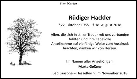 Traueranzeigen Von Rüdiger Hackler Trauer In Nrwde
