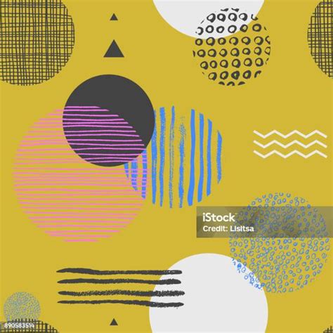원 삼각형 및 다양 한 색상과 겨자 노란색 배경에 질감의 라인을 형상 완벽 한 패턴입니다 세련 된 추상적인 배경 막입니다 벡터 일러스트 벽지에 대 한 최신 유행 스타일입니다