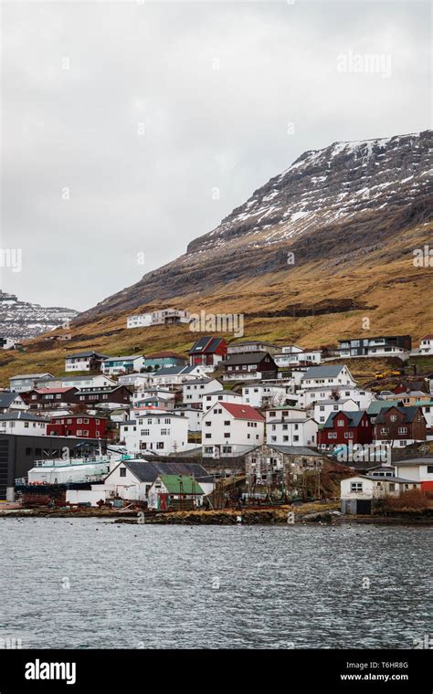 Picturesque Colourful Houses In The Small Town Klaksvík In Front Of