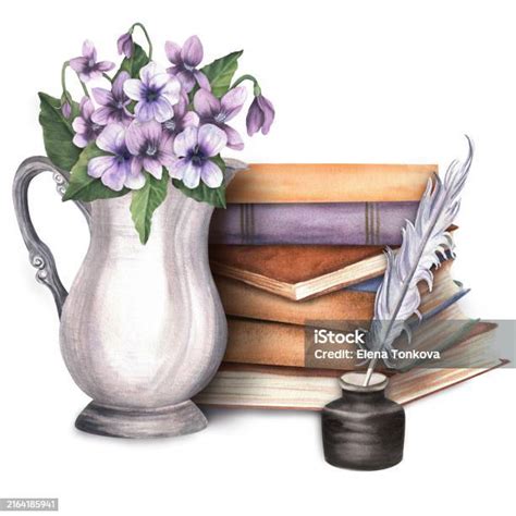 제비꽃 꽃다발이 있는 은색 주전자 책 더미 깃펜이 달린 잉크병 클립아트 도서관 서점 서점 학교 대학 손으로 그린 수채화 그림 고서에 대한 스톡 벡터 아트 및 기타 이미지